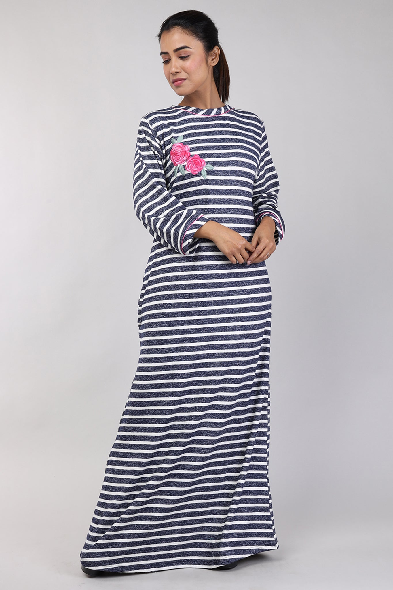 Women Navy Blue Machine Embroidery Knitted Winter Nighty – Suman Nathwani